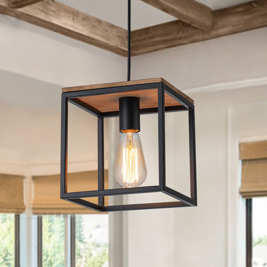 1-Light Wood Black Metal Square Lantern Pendant | Farmhouze Light