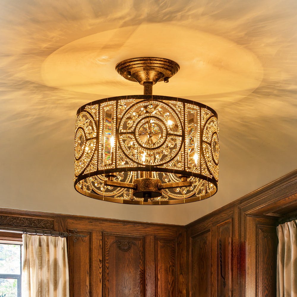 3-Light Vintage Glam Crystal Drum Flush Mount Ceiling Farmhouze Light