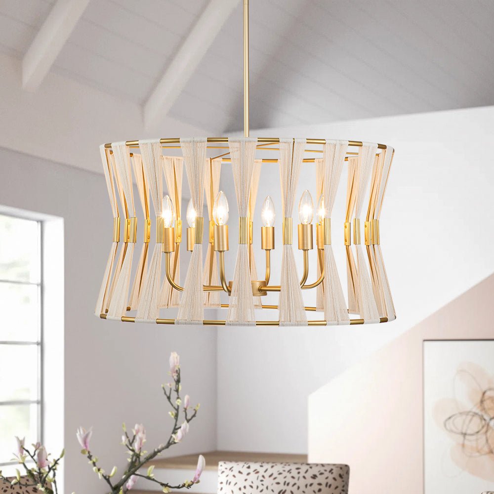 Boho Bleached Rope 6-Light Brass Drum Lantern Pendant Farmhouze Light