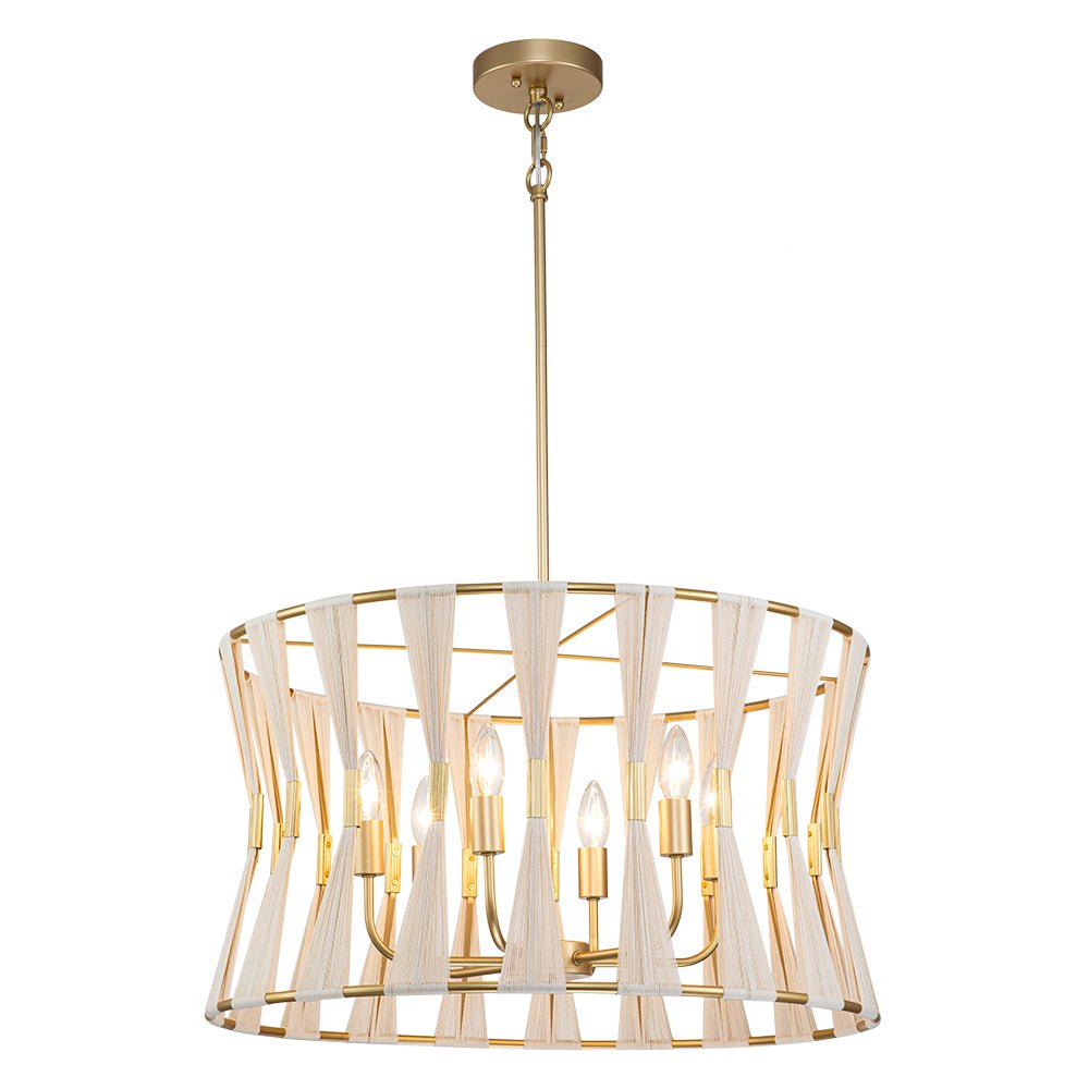 Boho Bleached Rope 6-Light Brass Drum Lantern Pendant Farmhouze Light