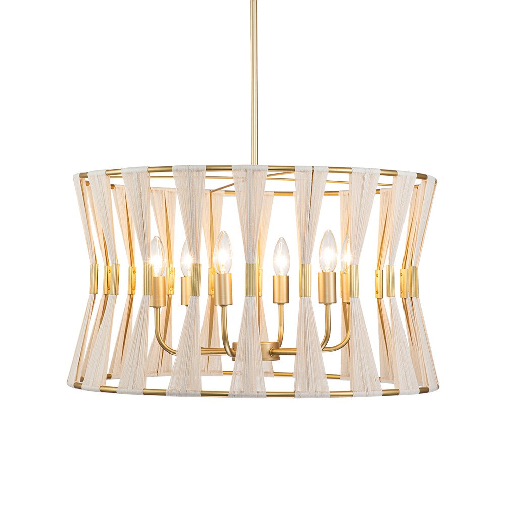 Boho Bleached Rope 6-Light Brass Drum Lantern Pendant Farmhouze Light