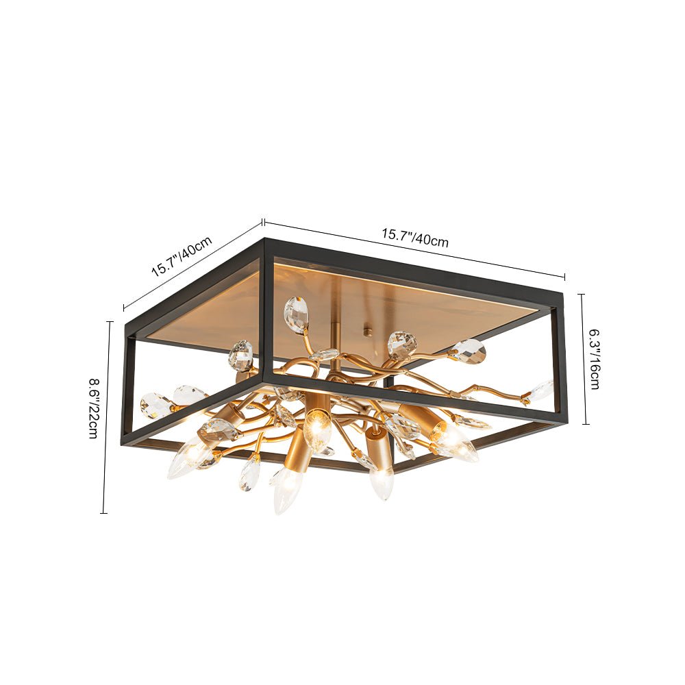 Gold Branch Crystal Black Square Cage Ceiling Light | Farmhouze Light