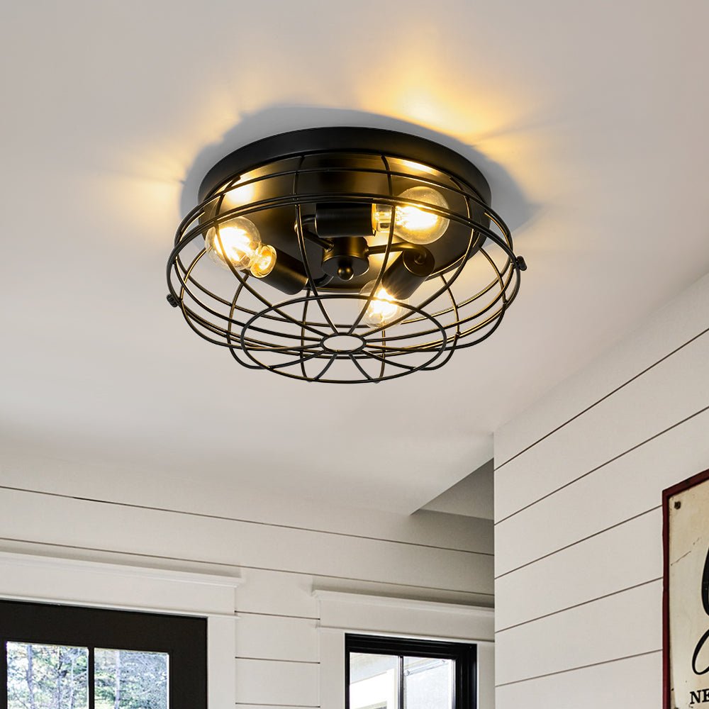 Industrial 3-Light Black Wire Guard Cage Flush Mount | Farmhouze Light