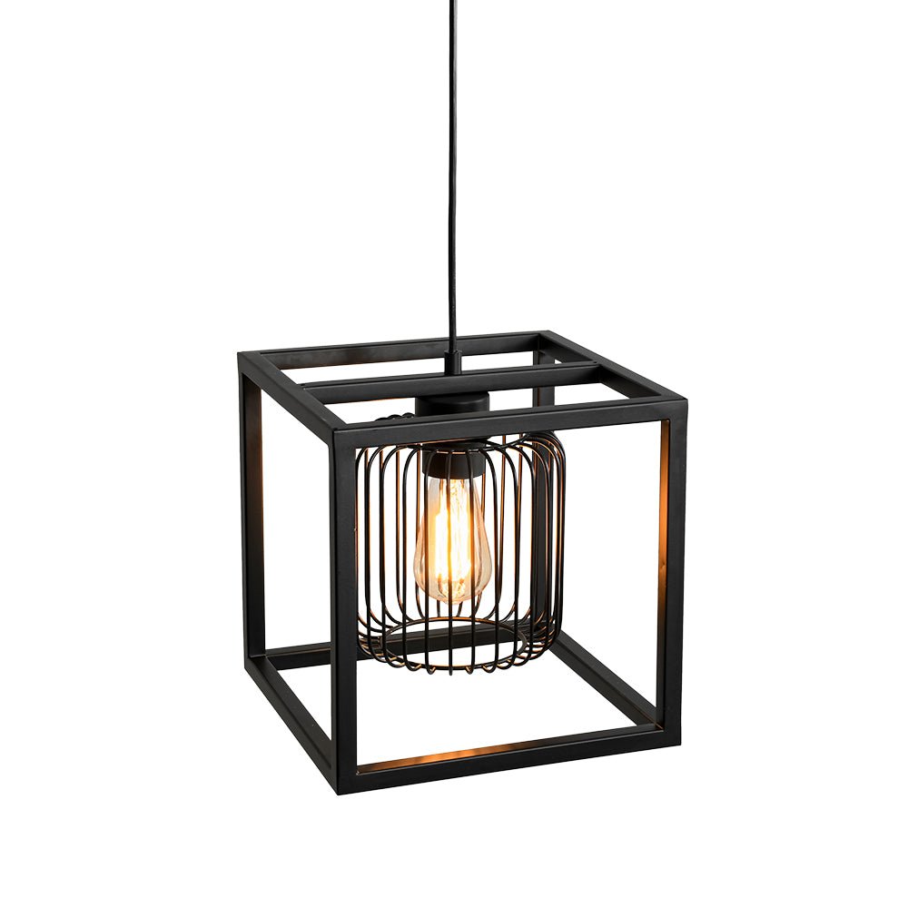 Industrial Black 1-Light Square Metal Cage Pendant | Farmhouze Light