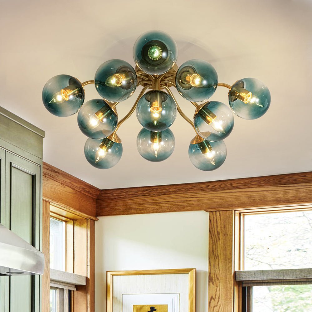 Lake House Round Blue Glass Globe Sunburst Semi Flush Farmhouze Light