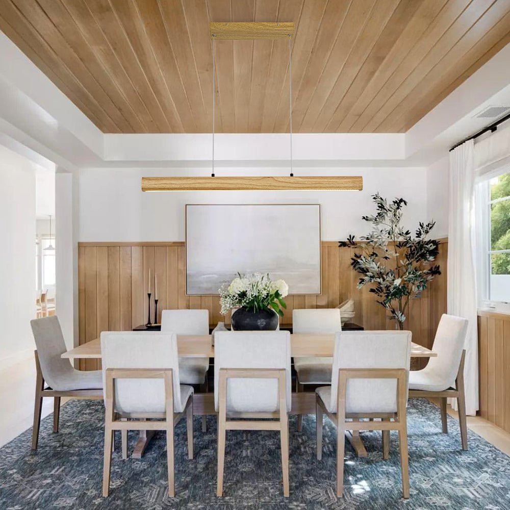 Wood Grain Dimmable LED Wide Linear Island Chandelier Farmhouze Light