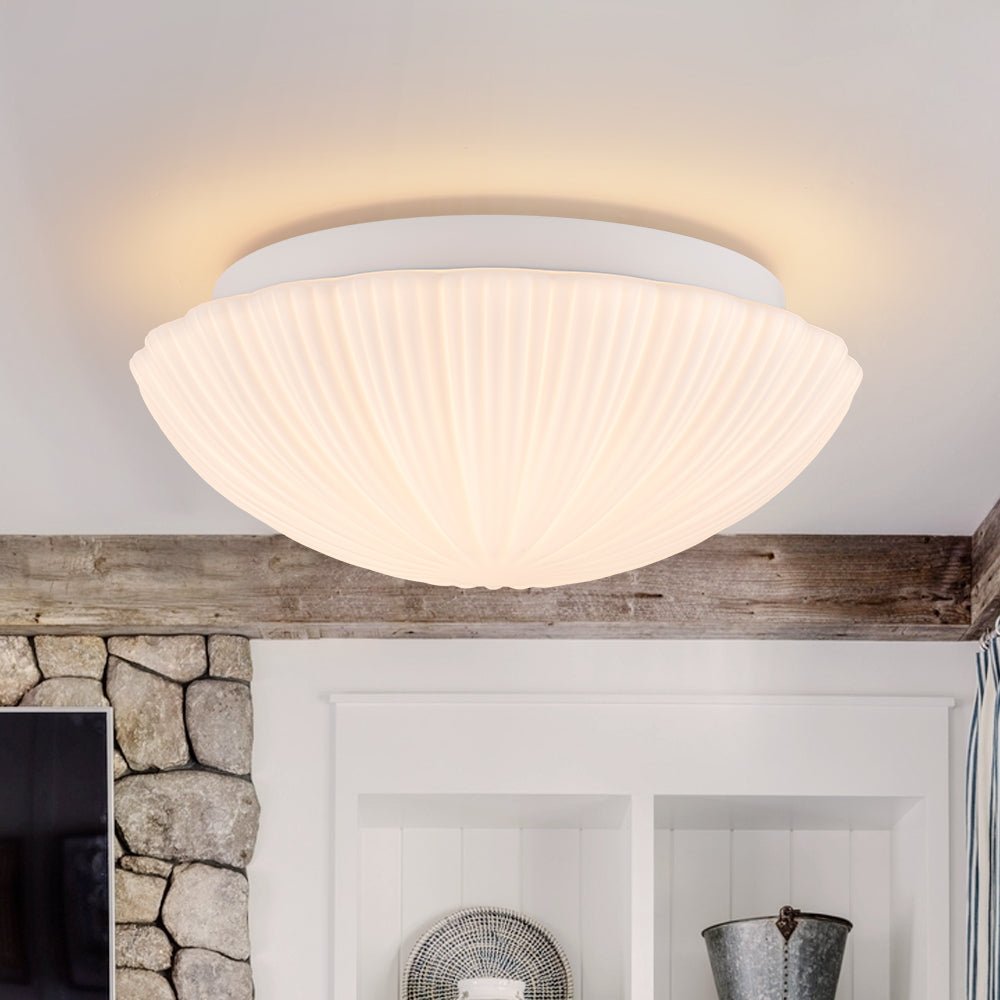 Round Pleated Frosted Glass Dimmable LED Flush Mount Farmhouze Light