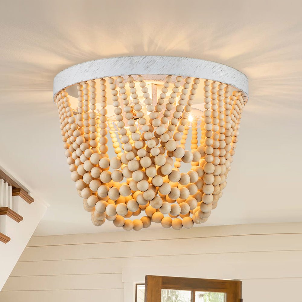 3-Light Bohemian Round Draped Wood Bead Ceiling Light Farmhouze Light