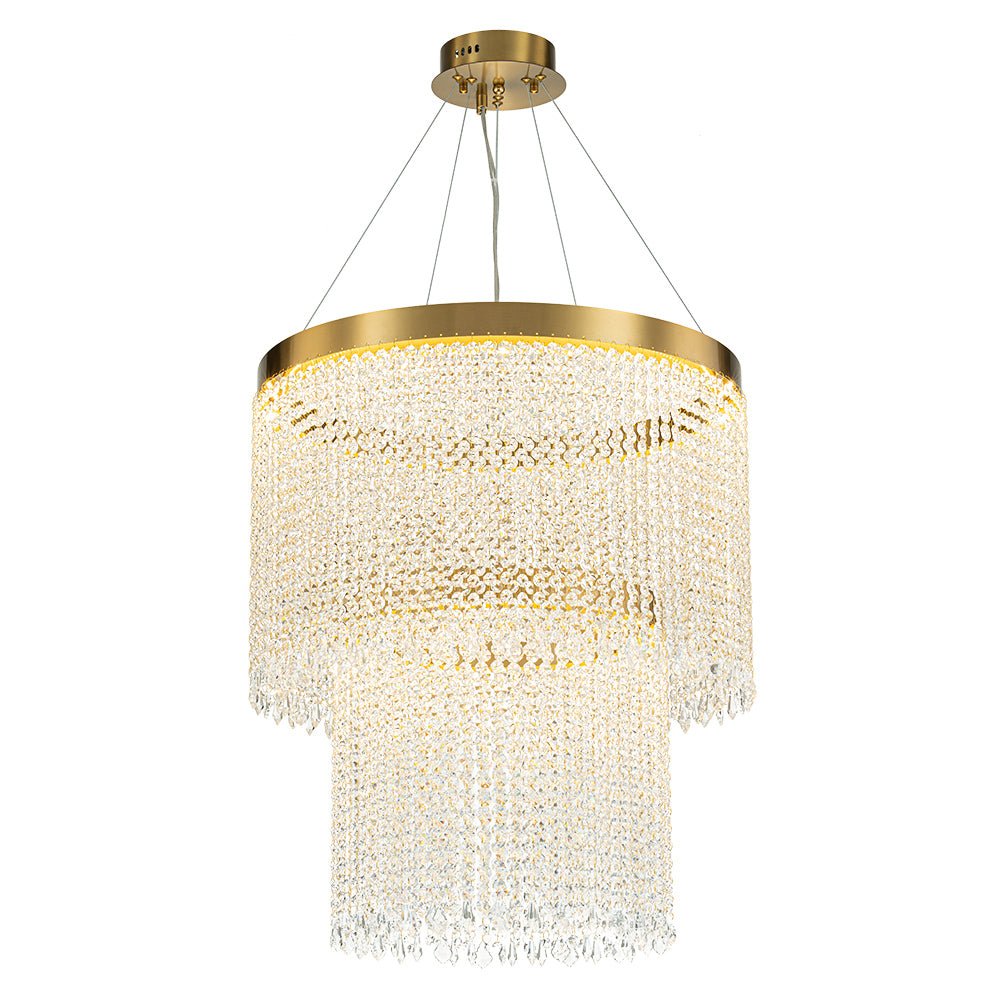 Glam 2-Tier LED Brass Round Fringe Crystal Chandelier Farmhouze Light