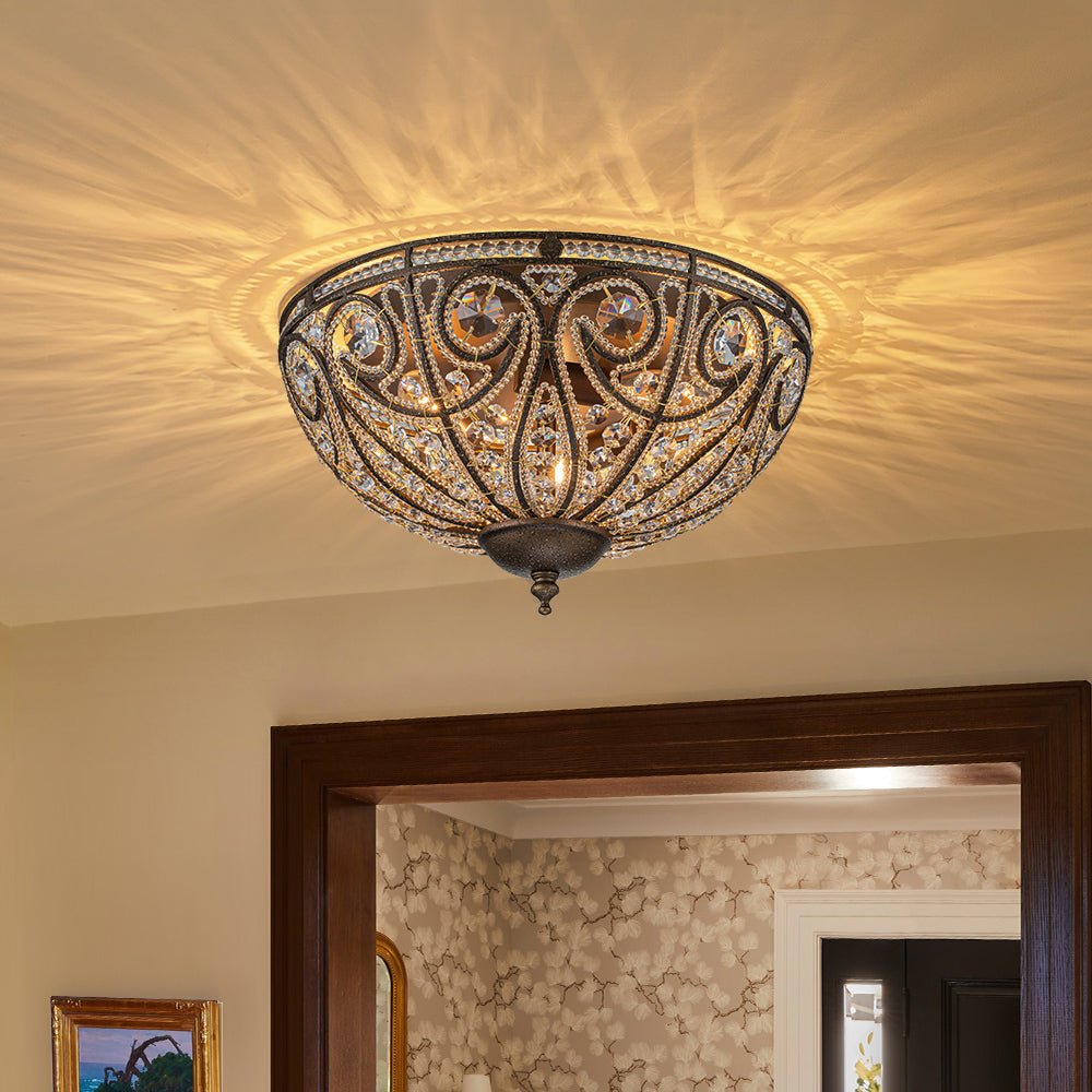 Vintage Bronze Crystal Bowl Flush Mount Ceiling Light Farmhouze Light